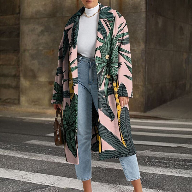Autumn Fashion Print Women Long Coats Winter Retro Turn-Collar Long ...