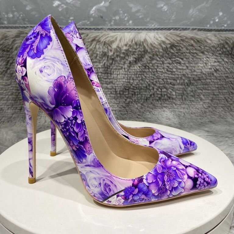 12cm heel Purple Flower Print Women Glossy Patent Pointy High Heel ...